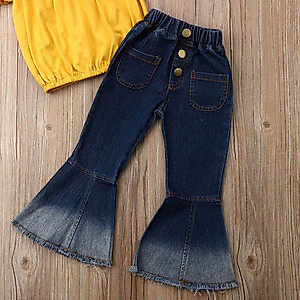 Toddler Baby Girl Clothes Off Shoulder Tube Top Shirt Bell Bottom Jeans Pants Summer Outfits (Yellow top, 4-5T)
