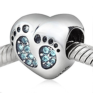 Heart Love Baby Footprints Charms 925 Sterling Silver Jan-Dec Birthstone Crystal Charms Beads for Bracelets (Aquamarine March Stone)