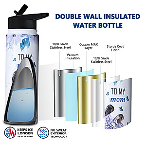 Mom Birthday Gifts from Daughter - 24oz Insulated Stainless Steel Water Bottle - Mother's Day, Christmas, Retirement - BPA-Free With Straws and Brush - Hand Wash Only
