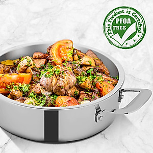 NutriChef 3.4-quart Saute Pan with Lid - PFOA/PFOS Free Stainless Steel Stain-Resistant Pan Kitchen Cookware w/Satin Interior, Polished Exterior, Hollowed Cast Handles - Works w/Model NCSSX45