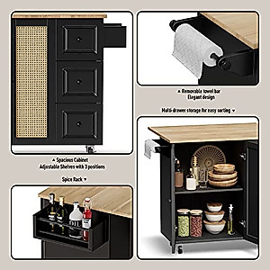 cozeum Portable Kitchen Island on Wheels with Wood Drop Leaf Countertop, 45" Rolling Kitchen Island Cart with Storage Cabinet, 3 Drawer, Rattan Door Style Cabinet, Spice Rack, Towel Bar, Black