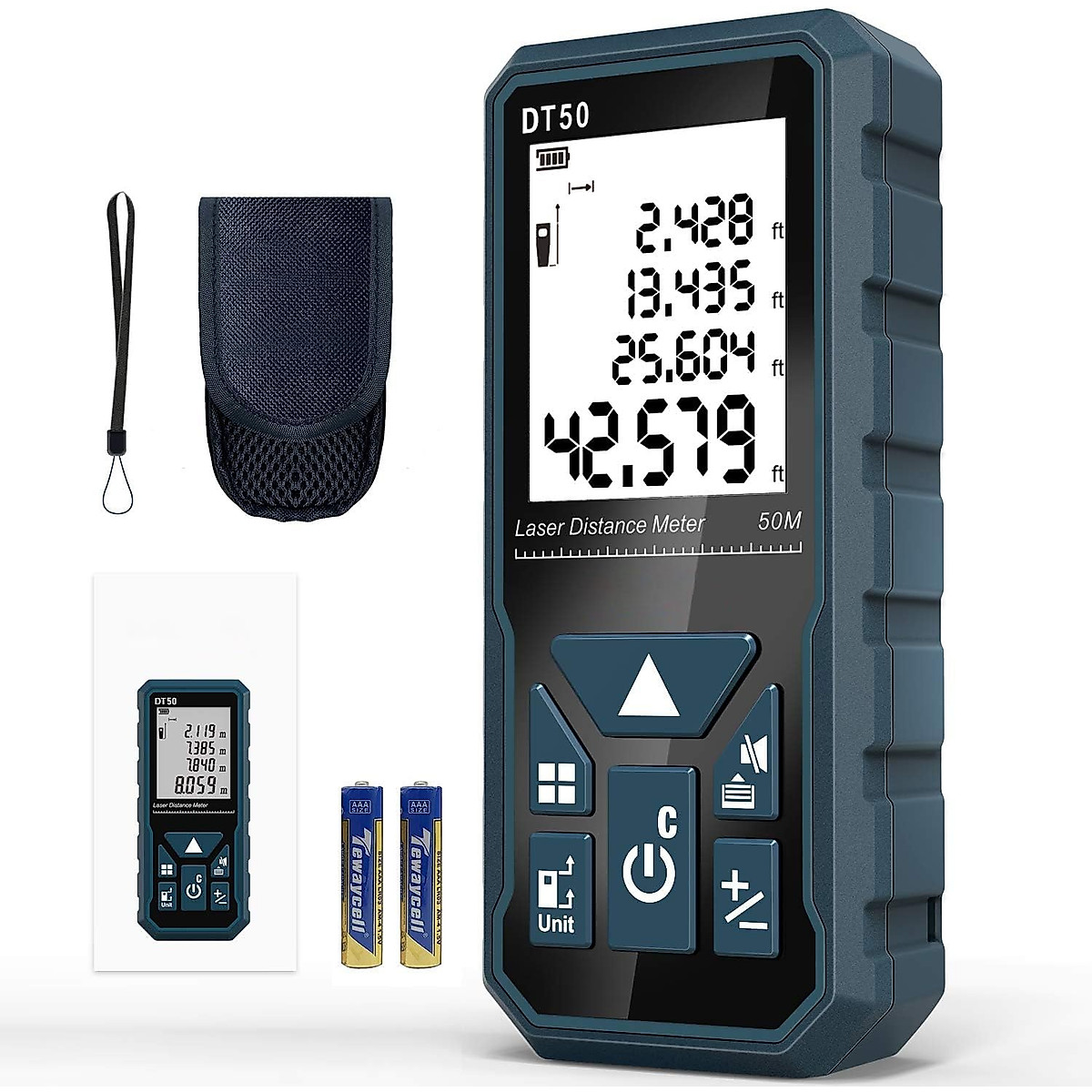 Laser Measure 165ft DT50 Laser Distance Meter 50M, Portable Handle Digital Measure Tool Range Finder, Larger Backlit LCD 4 Line Display IP54 Shockproof