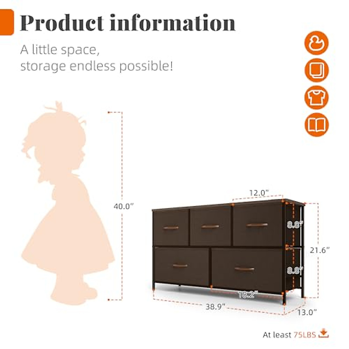 ROMOON Dresser for Bedroom, Dresser Wide for Closet with 5 Drawers, Small Fabric Dresser & Chests of Drawers for Bedroom,Nursery, Hallway.(Brown)
