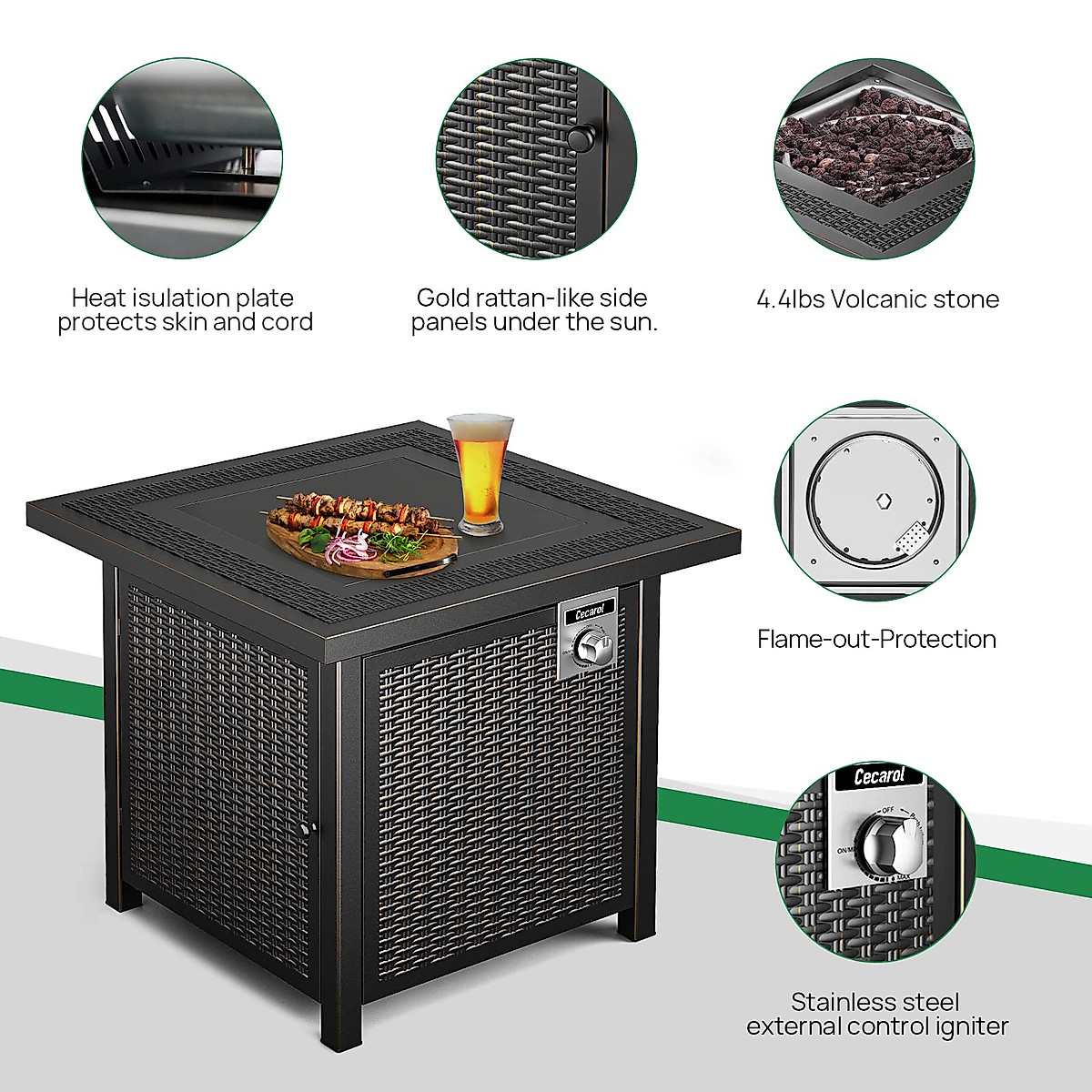 Cecarol Gas Propane Fire Pits with Lid and Lava Rock,50,000 BTU Outdoor Fire Pit Table Easy to Assemble, Steel Fire Table with ETL Certified for Outside Add Ambience to Gatherings (28In, Black)
