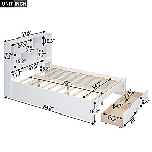 Harper & Bright Designs Full Platform Bed with Storage Headboard & 2 Drawers, Wooden Full Storage Bed Frame with Sturdy Slat Support for Kids Teens Adults, White
