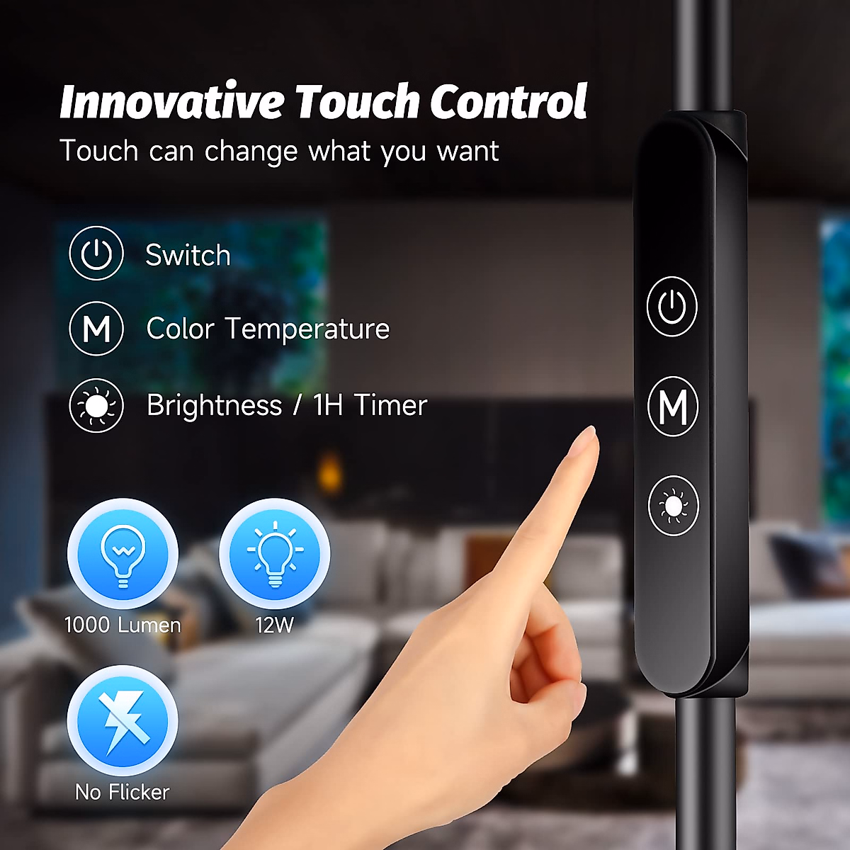 SOVELA LED Floor Lamp, Standing Lamp with Touch Control, 12W 1000LM 1800K-6000K 6 Brightness Adjustable Tall Lamp with Timer Memory, Modern Dimmable Floor Lamps for Living Room Bedroom Office, Black