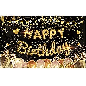 Skycase Birthday Banner,(43 * 71inch) Large Happy Birthday Backdrop Banner, Black Gold Balloon Photography Background Party Decorations for Indoor Outdoor Party,Perfect for Man,Woman,Child