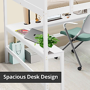 Full Size Loft Bed with L-Shaped Desk, Storage Shelves and 2 Drawers, Solid Wood Loft Bed Frame with Guardrails and Ladder for Girls Boys Junior Adults, Space-Saving Design, White