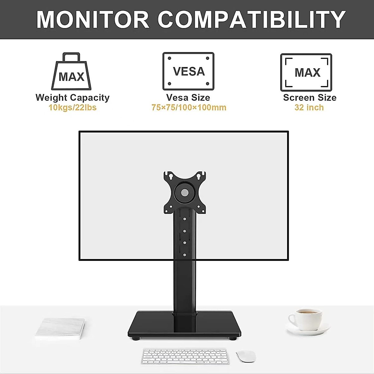 Single Computer Monitor Stand for 13-32 inch Screen, Height Adjustable Monitor Stand, Free Standing Monitor Desk Stand with Swivel, Tilt and Rotation VESA Mount, Black