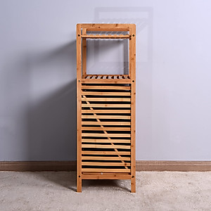 Tilt Out Laundry Hamper, Bamboo Laundry Linen Hamper with Storage Shelves & Removable Clothes Basket, 2 Tier Freestanding Laundry Shelf for Guest Bathroom Laundry Room, Natural