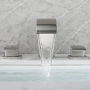 Brushed Nickel Waterfall Bathroom Faucet for Sink 3 Hole - Widespread, 2-Handles 8 Inch Modern Faucet for Bathroom Sink, Vanity Faucet with cUPC Supply Lines