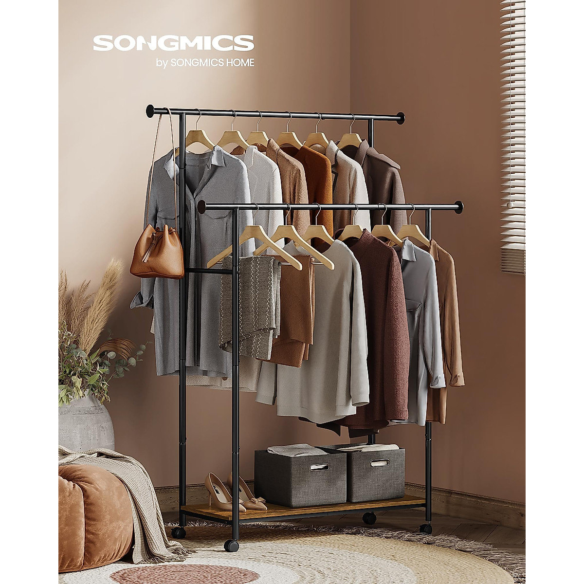 SONGMICS Clothes Rack with Wheels, Double-Rod Clothing Rack for Hanging Clothes, 38.8 Inches Garment Rack with Shelf, Loads up to 220 lb, for Bedroom, Closet, Rustic Brown and Ink Black UHSR152B01