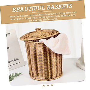 ORFOFE Storage Basket with Lid Organizer with Lid Storage Baskets with Lid Round Basket Rattan Waste Basket Bedroom Storage Basket Wicker Waste Basket Tabletop Basket Laundry Hamper Pp