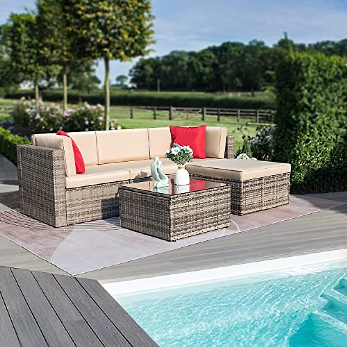 Tuoze 5 Pieces Patio Furniture Sectional Outdoor All Weather PE Rattan Wicker Lawn Conversation Cushioned Sofa Set with Glass Coffee Table (Grey)