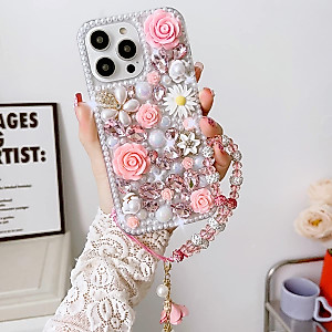 Changjia for iPhone 13 Pro Max Glitter Bling Case, Cute Luxury 3D Crystal Rhinestone Flowers Diamond Pearl with Wrist Strap Bracelet Chain Women Girls Case Cover for iPhone 13 Pro Max 6.7Inch (Pink)