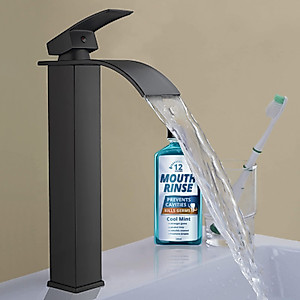 WANJINLI Bathroom Vessel Sink Faucet Matte Black Tall Waterfall Single Handle One Hole Deck Mount Mixer Bowl Tap with Large Rectangular Spout Bar Sink Faucet Lavatory Vanity with Overflow