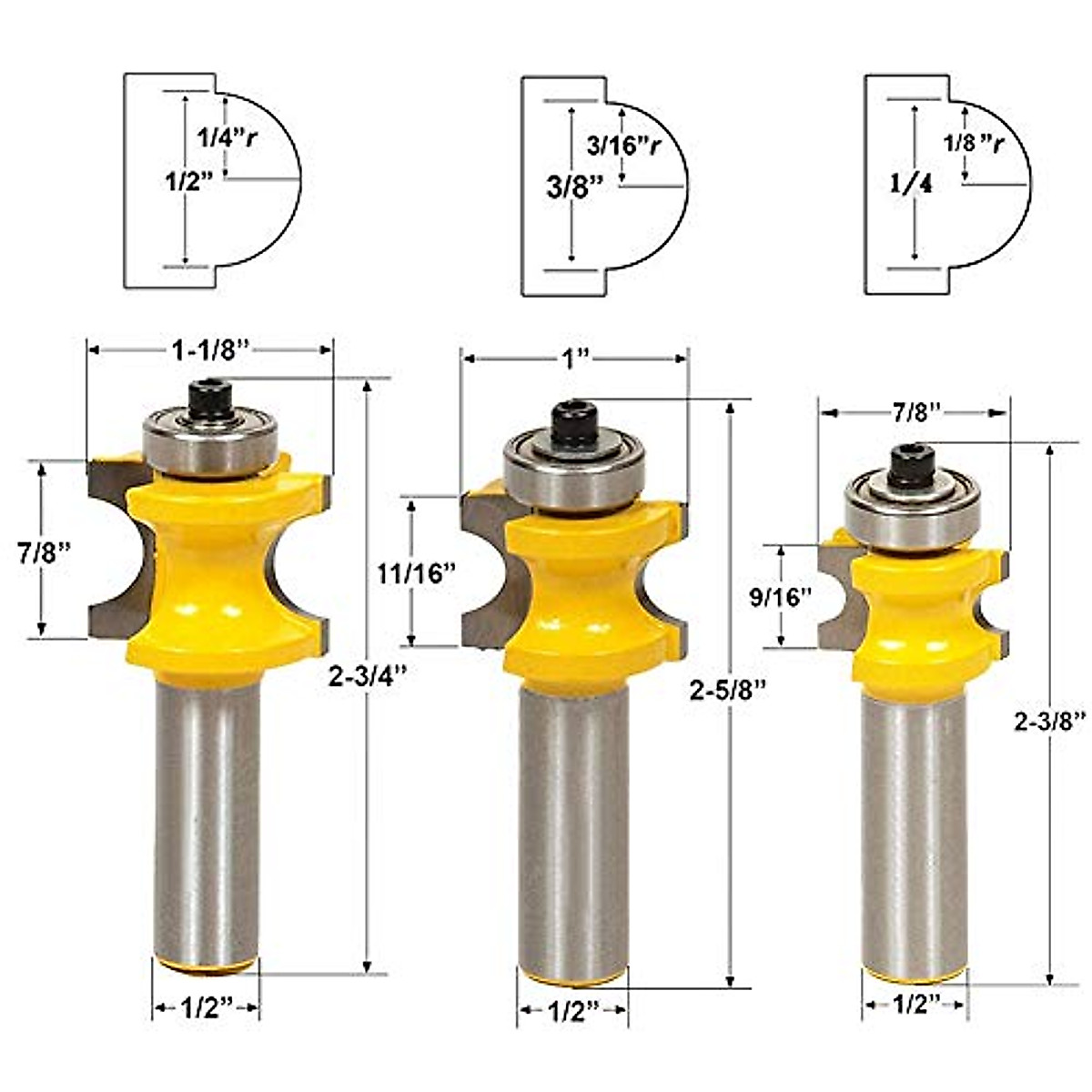 Yakamoz 5Pcs 1/2 Inch Shank Half Round Bearing Bullnose Router Bit Set Carbide Tipped Round Edge Cutting Bits | Radius 1/8" 3/16" 1/4" 5/16" 3/8"