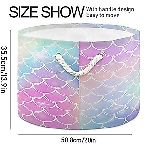 MNSRUU Storage Basket 20"x14" Rainbow Scales with Mermaid Collapsible Organizer Basket with Handles, Fabric Nursery Laundry Basket Large Capacity