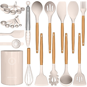 Silicone Cooking Utensils Set - Silicone Kitchen Utensils for Cooking Wooden Handles, 446°F Heat Resistant Kitchen Utensil Spatula Sets w Holder, Gadgets for Non-Stick Cookware BPA FREE (Khaki)