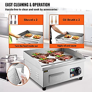 VEVOR Electric Countertop Griddle, 14-Inch, 1500W Grill with Adjustable Temperature Control 122°F-572°F, Non-Stick Commercial Restaurant Grill, 110V Stainless Steel Flat Top Grill