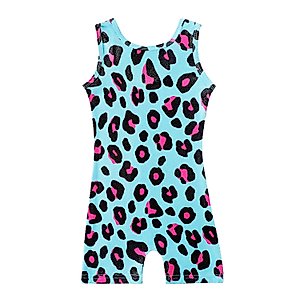 HOZIY Gymnastics Biketards for Girls 5t Size 5-6x Kids Dance Tumbling Attire Apparel Clothing Clothes Aqua Blue Pink Leopard Print Pattern Outfits Sparkly Leotard With Shorts