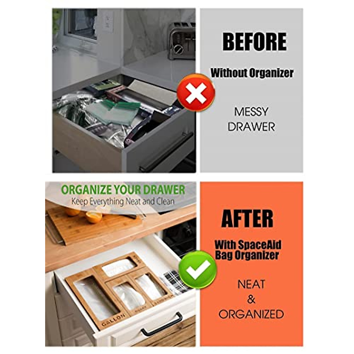 BATUMEYE Bag Storage Organizer Holder - Premium Moso Bamboo Kitchen Drawer Organizer Dispenser Compatible with Ziploc, Solimo, Glad, Hefty for Gallon, Quart, Sandwich & Snack