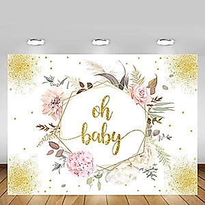 MEHOFOND Boho Pampas Baby Shower Backdrop for Girls Gold Glitter Sequins Dots Blush Pink Floral Photography Background Oh Baby Banner Announce Pregnancy Party Decorations Photo Booth Props 8X6ft