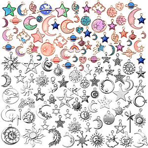 120pcs Celestial Charms Pendants, Mixed Antique Silver Sun Stars Moon Charm Pendant,Enamel Moon Star Cat Charms Pendants for DIY Earrings Necklace Jewelry Making Crafts