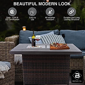 BENAIYA Patio Fire Pit Table 44x 32x 26, 50000 BTU Gas Heater for Gardens, Outdoor Firepit with Wind Guard, Stainless Steel Burner & Brown Rattan Body