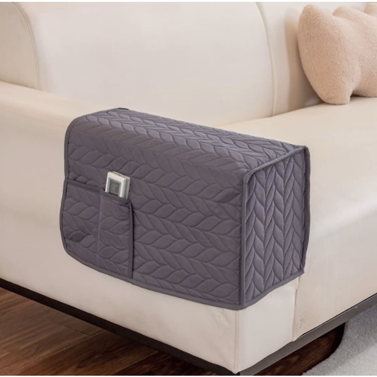 Anti-Slip Armrest Covers with 2 Pockets for Sofa Couch Armchair Caddy Organizer for Remote Control, Phone, Recliner Arm Protector Armrest Covers Set of 2 (Ear Dark Grey)