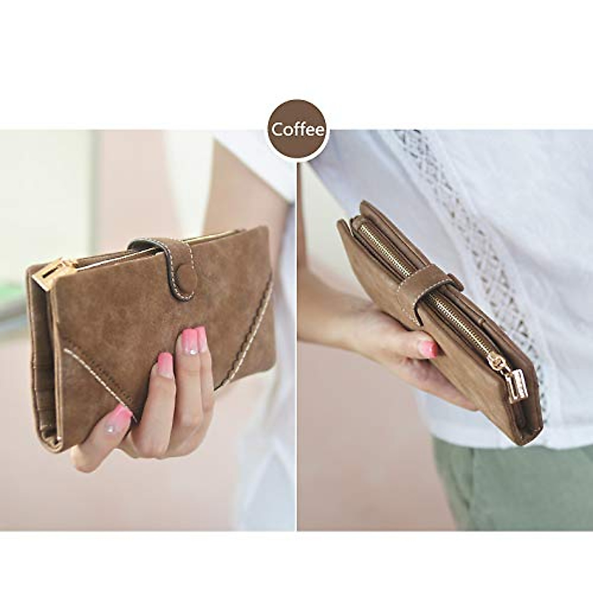 Women Vegan Leather Wallet Bifold Clutch Large Capacity Card Organizer Buckle Long Purse for Girls Candy Color (Coffee) …