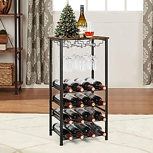 Wine Rack Table, FreeStanding Wine Bar Rack, Wine Bar Cabinet with GlassBottle Holder, Metal and Wood Industrial Wine Cabinet for Home, Floor Liquor Wine Cabinet Storage, for Bar Kitchen Dining, Brown