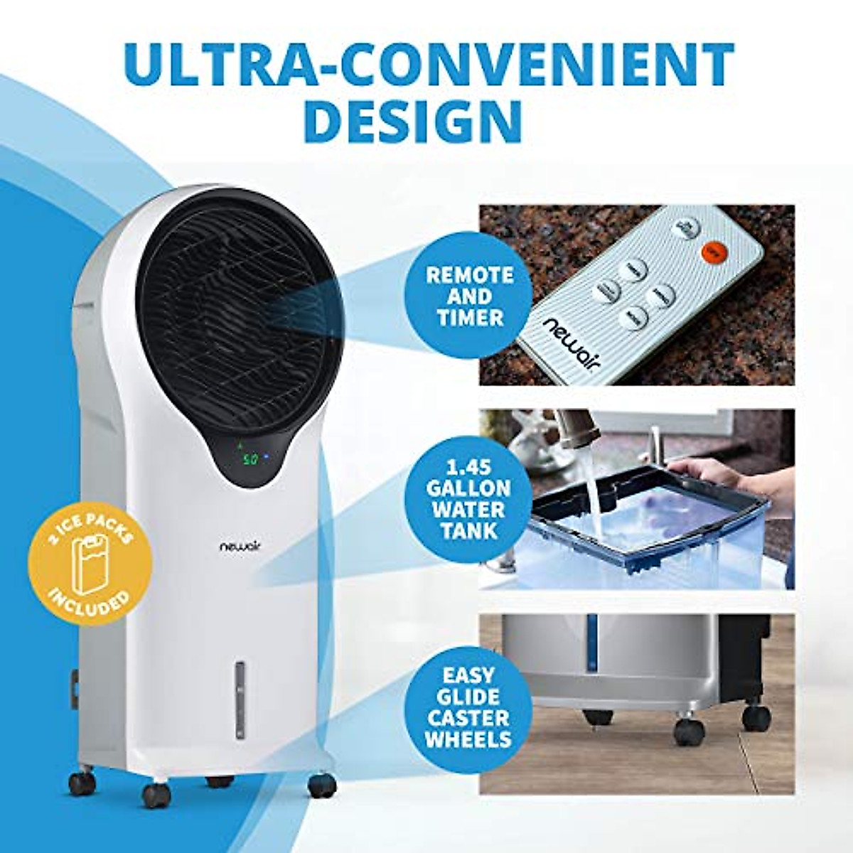 Newair Evaporative Cooler 470 CFM 250 sq. ft. Freestanding Home Air Cooler 3 Fan Speeds 1.45 Gallon Water Tank, White Easy Glide Wheels Remote Control Included