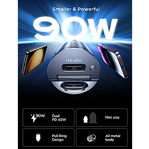 MRGLAS 90W USB C Car Charger,[Super Mini Metal] USB C Car Charger Fast Charging Adapter Dual PD Dual Port Type C Car Cigarette Lighter USB Charger Compatible iPhone 15 14 Pro Max iPad Samsung MacBook