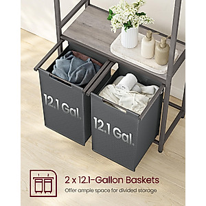 VASAGLE Laundry Basket, 2-Section Laundry Hamper with Pull-Out and Removable Liners, Clothes Rail, 2 x 12.1 Gallons, 28.7 x 13 x 69.7 Inches, Heather Greige and Slate Gray UBLH231G02