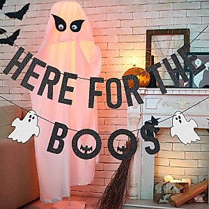 Black Here for The Boos Banner Halloween Party Banner, Boos and Booze Party Banner Hocus Pocus Banner Here for The Boos Sign Decorations for Haunted House Halloween Mantle Home Decor