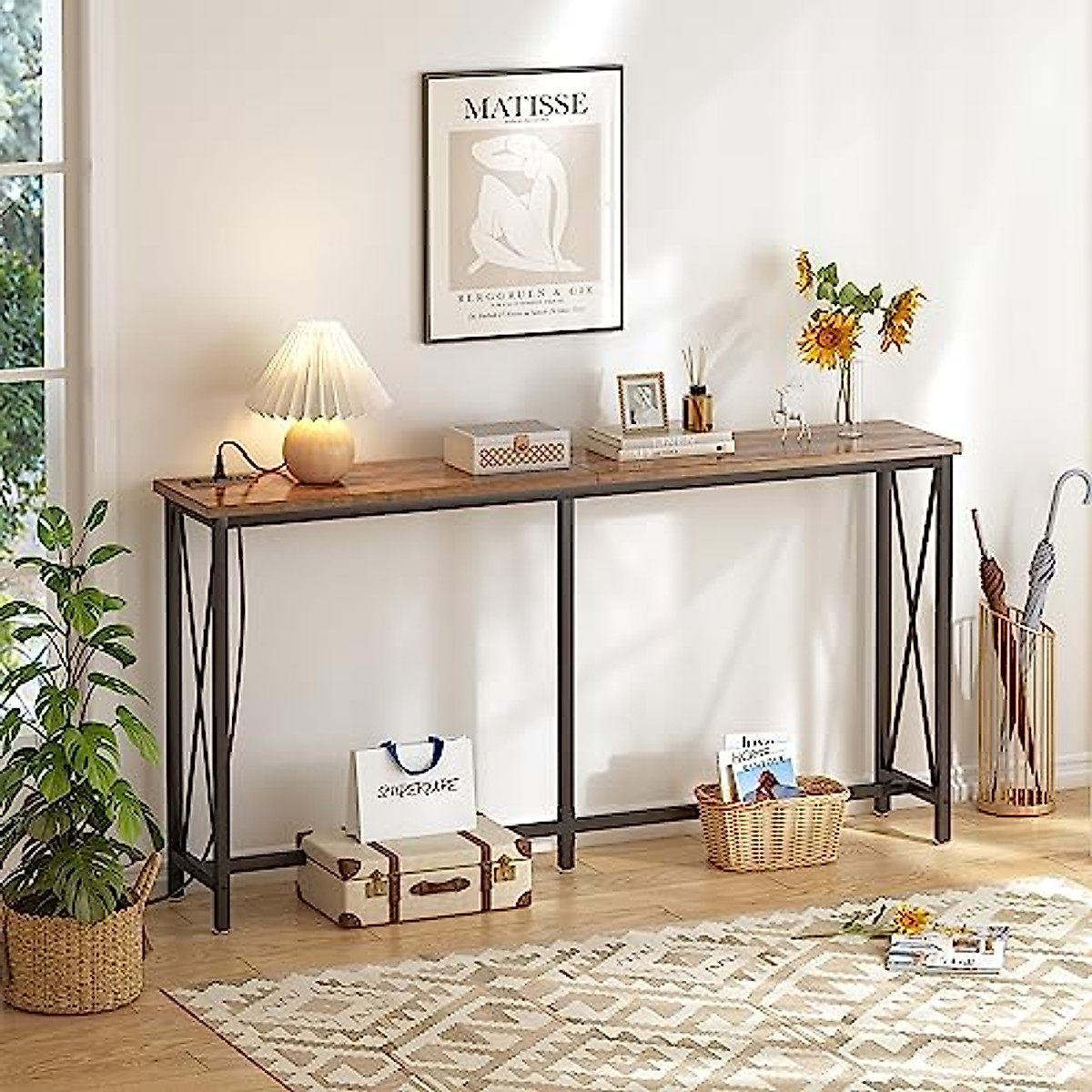 SUPERJARE Console Table with Outlet & USB Ports, 63 Inches Sofa Table with Charging Station, Narrow Entryway Table, Hallway Table, Behind Couch Table, for Living Room - Rustic Brown