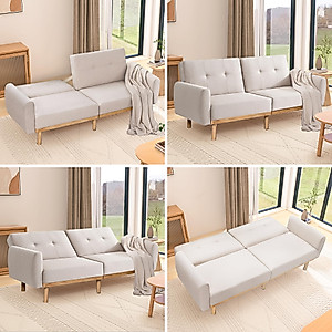 Hcore Convertible Futon Bed Couch, 79" Inch Linen Fabric Memory Foam Mid Century Modern Sleeper Armrest, Small Splitback Loveseat Sofa Cama Sofabed, Beige