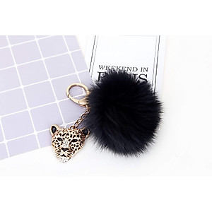 Giftale Leopard with Black Fox Fur Pom Pom Keychain for Women Ball Bag Charm