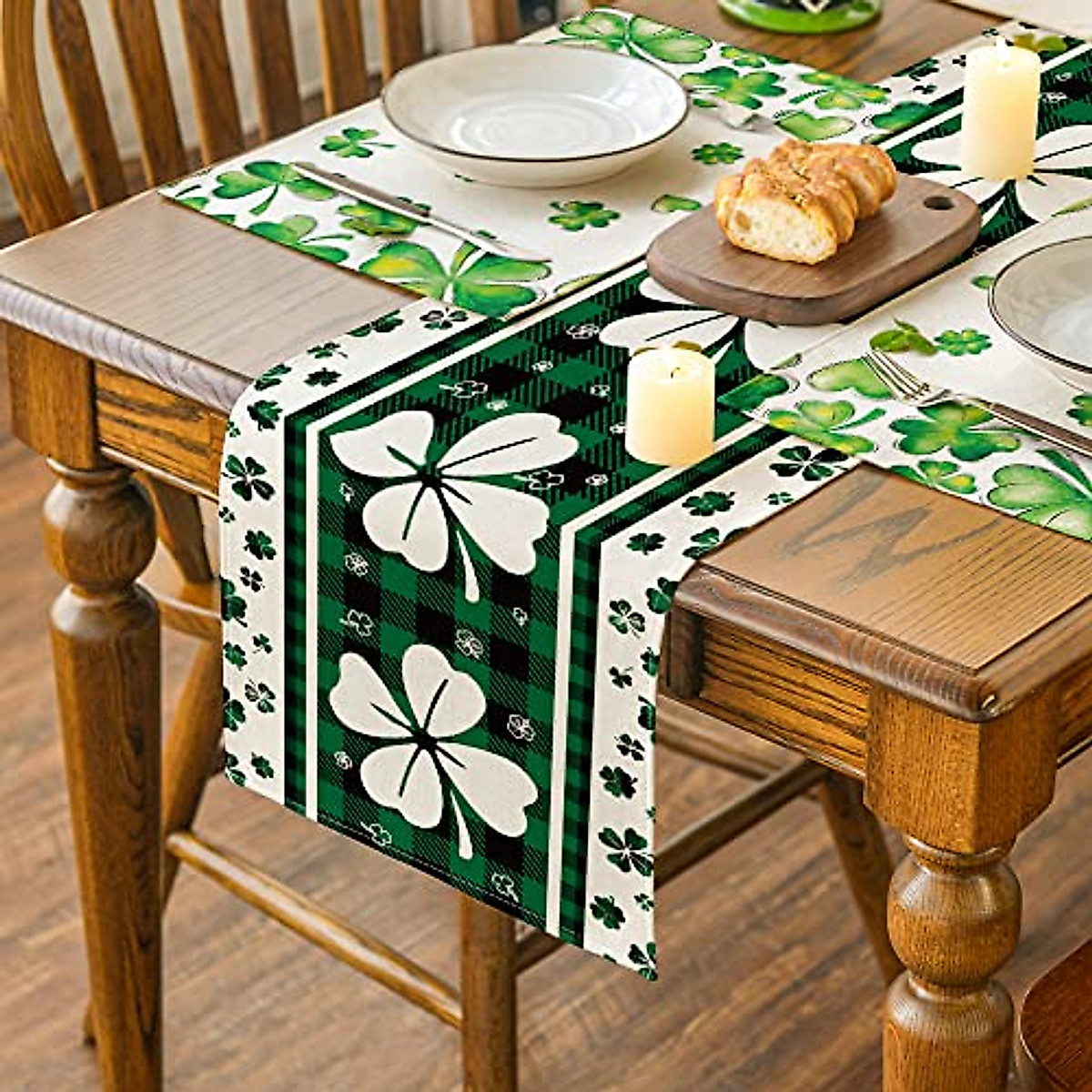 Artoid Mode Green Clover Buffalo Plaid Shamrocks St.Patrick's Day Table Runner, Seasonal Kitchen Dining Table Decoration for Indoor Home Party 13x72 Inch
