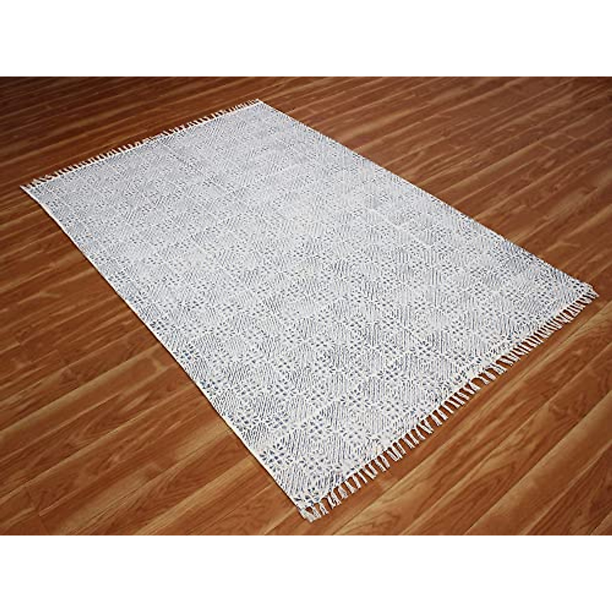 Casavani Hand Made Cotton Dhurrie Abstract Blue & Beige Tassel Rug Easy Care Washable Rugs for Doormat Entryway Living Room Bedroom Hallway Balcony 12x12 Feet Square