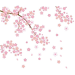 RW-045 Giant Pink Peach Blossom Wall Decals Plum Flowers Tree Branches Wall Stickers DIY Removable Cherry Floral Trees Petals Wall Decor for Kids Girls Bedroom Living Room Nursery Office Decoration