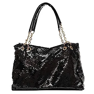 QTKJ Fashion Two Tone Reversible Sequin Tote Bag Zipper Shoulder Bag with Chain and Leather Straps (Black)