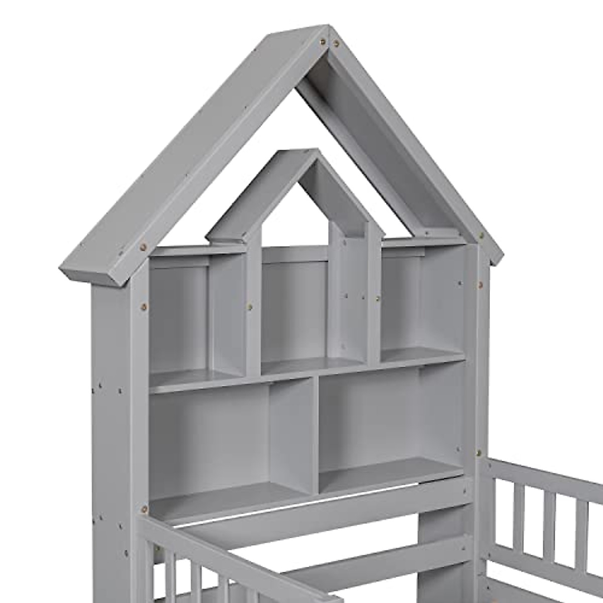 OPTOUGH Twin Size House-Shaped Storage Headboard Bed,Wooden Bedframe with Full Length Fence Guardrails and Drawers for Kids Teens,No Spring Box Needed,Gray
