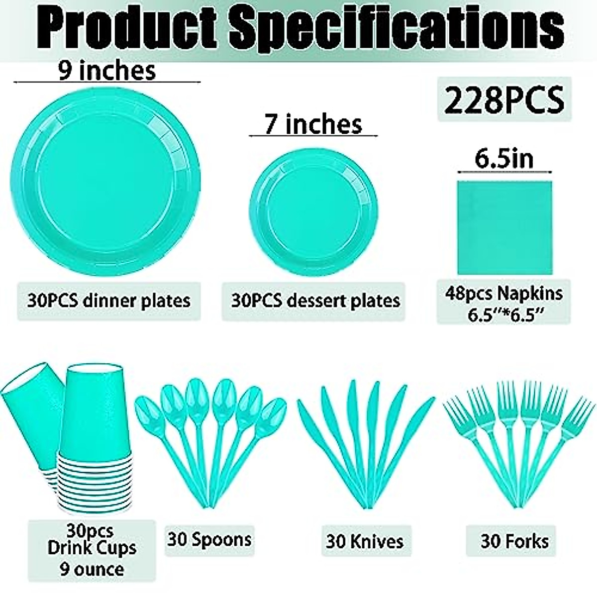 TWOWYHI 228PCS Teal Blue Party Supplies Set Include Paper Plates Cups Teal Blue Napkins Plastic Spoons Forks Knives for 30 Guests Disposable Party Dinnerware for Birthday Wedding Family Picnic