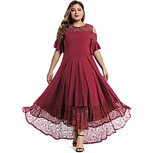 LALAGEN Womens Plus Size Casual Lace Cold Shoulder Long Plain Evening Party Maxi Dress Red 3X