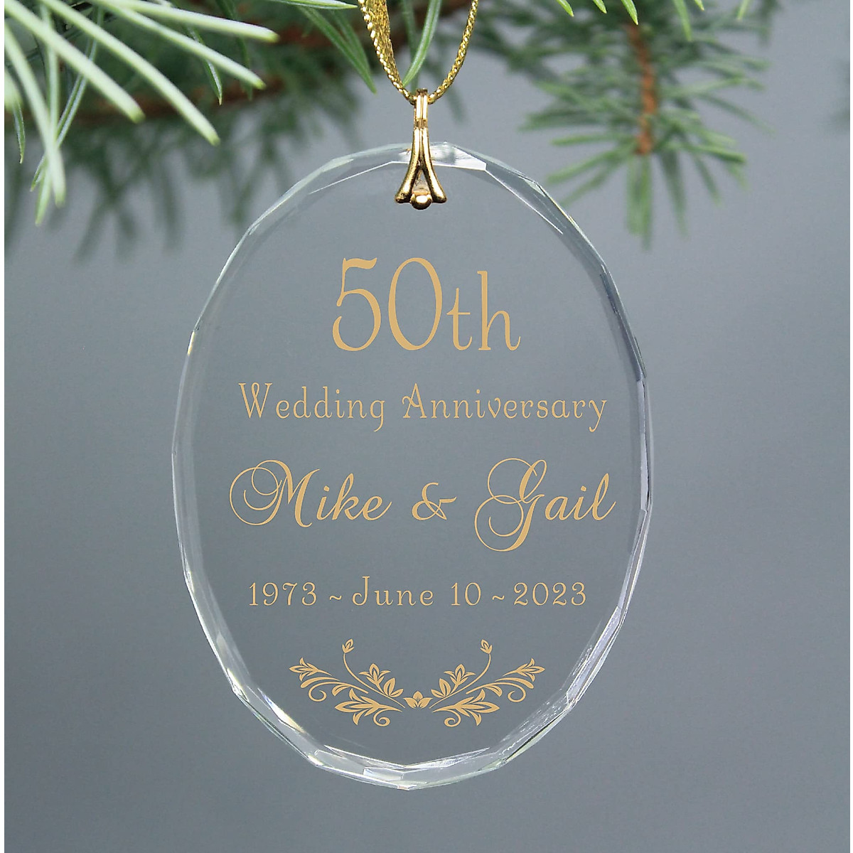 Gold 50th Golden Wedding Anniversary Personalized Keepsake Glass Oval Christmas Ornament ANY Anniversary Year Available