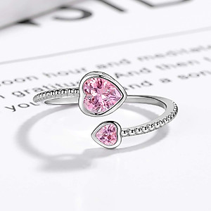 S925 Sterling Silver October Birthstone Rings for Women Sisters BBF - Adjustable Pink Heart Pomise Knuckle Ring for Teens - Birthday Thanksgiving Day Christmas Valentine's Day Party Gifts Jewelry