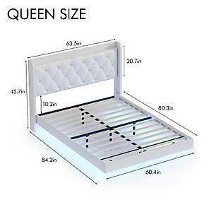 Queen Size Floating Bed Frame with LED Lights, Upholstered PU Leather Platform Bed with Charging Station & Button Tufted Headboard Storage, No Box Spring Needed, White