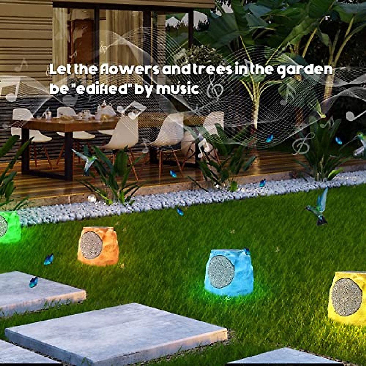Rock Speakers Outdoor Waterproof Wireless Bluetooth Solar Powered Outdoor Rock Speaker Rechargeable Battery Bluetooth Rock Speakers with 7 Light Colors for Patio Party Pool Garden - 2PC